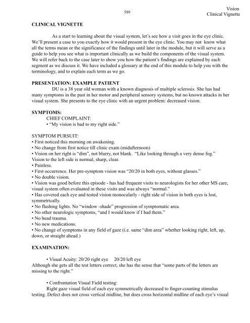 Vision CLINICAL VIGNETTE As a start to learning about the visual ...