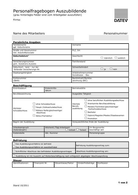 Personalfragebogen Auszubildende