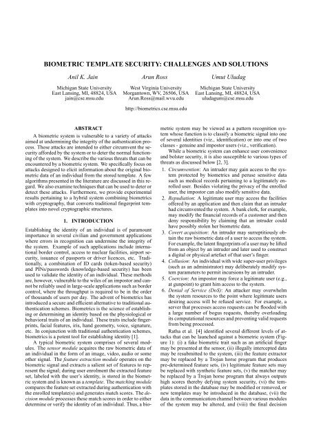 BIOMETRIC TEMPLATE SECURITY: CHALLENGES AND ...