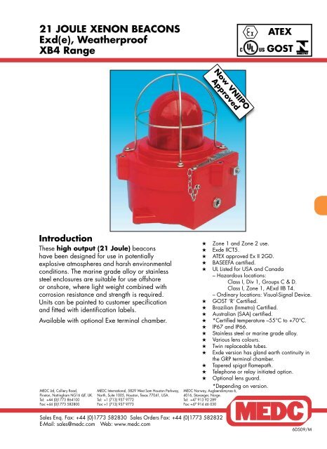 21 JOULE XENON BEACONS Exd(e), Weatherproof XB4 Range