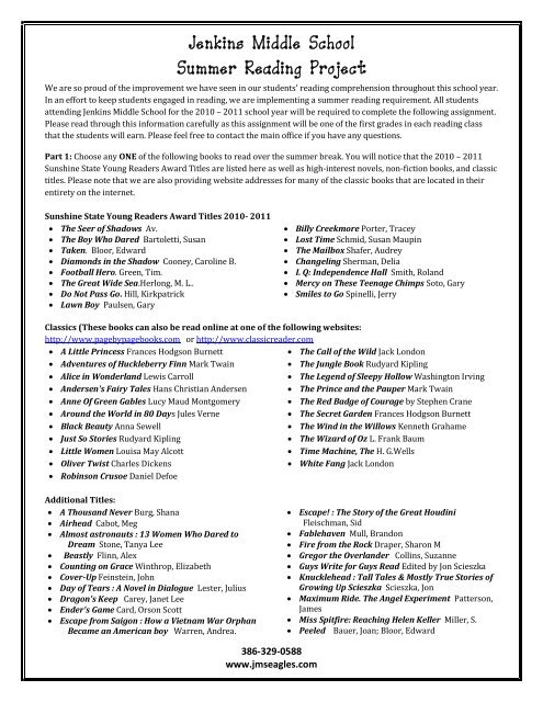 Jenkins Middle School Summer Reading Project - JMSEagles.com