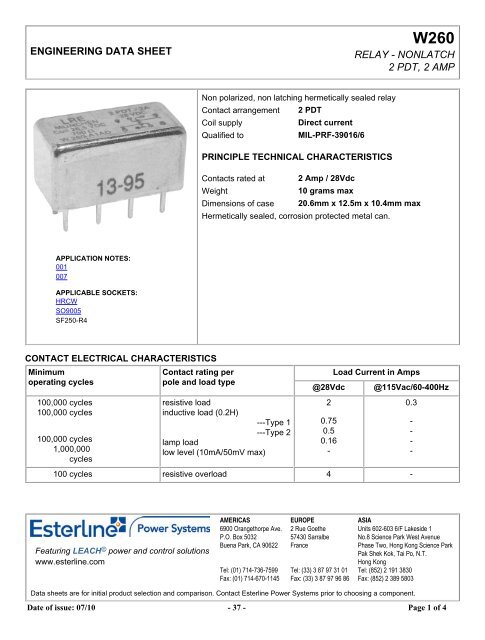 Engineering Data Sheet Relay Nonlatch 2 Pdt 2 Amp Leach