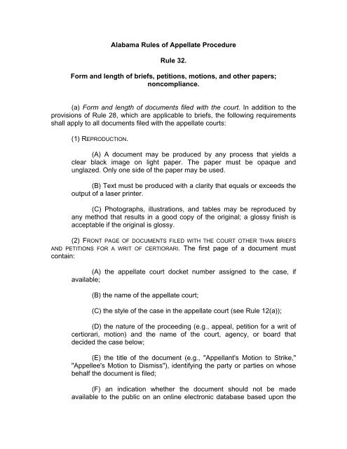 Alabama Rules of Appellate Procedure Rule 32. Form and length of ...
