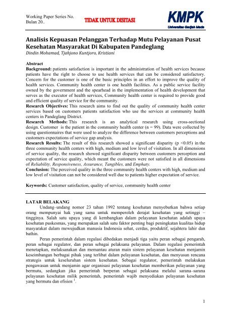 Analisis Kepuasan Pelanggan Terhadap Mutu Pelayanan ... - KMPK