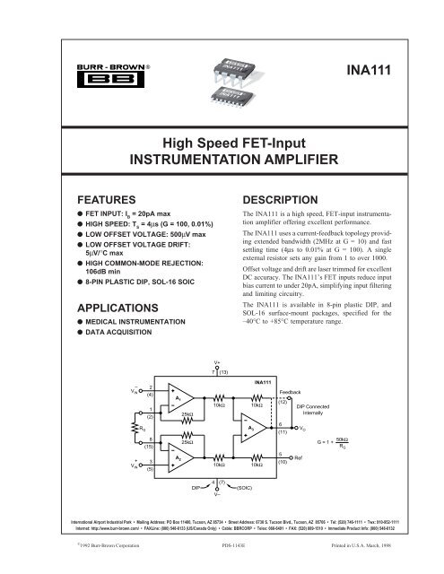 INA111 High Speed FET-Input INSTRUMENTATION AMPLIFIER