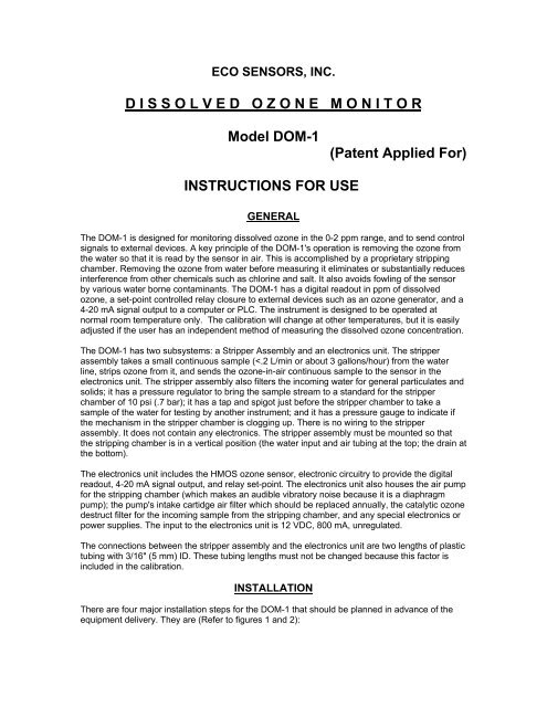 DOM-1 Dissolved Ozone Monitor (249KB) - Eco Sensors, Inc.