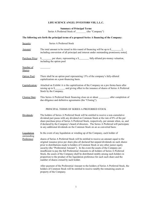 LSA Series A Term Sheet - Life Science Angels