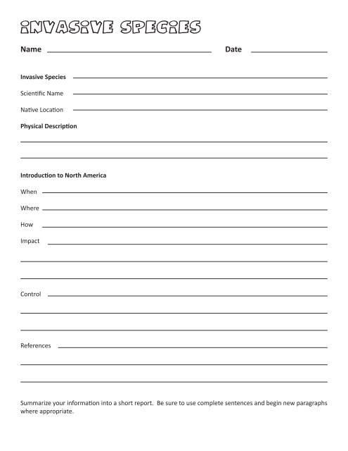 Invasive Species Worksheet Thank you for your interest in my Invasive ...