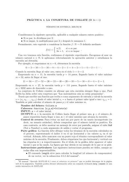 PRÃ‚Â´ACTICA 1: LA CONJETURA DE COLLATZ (O 3n + 1 ... - MA1