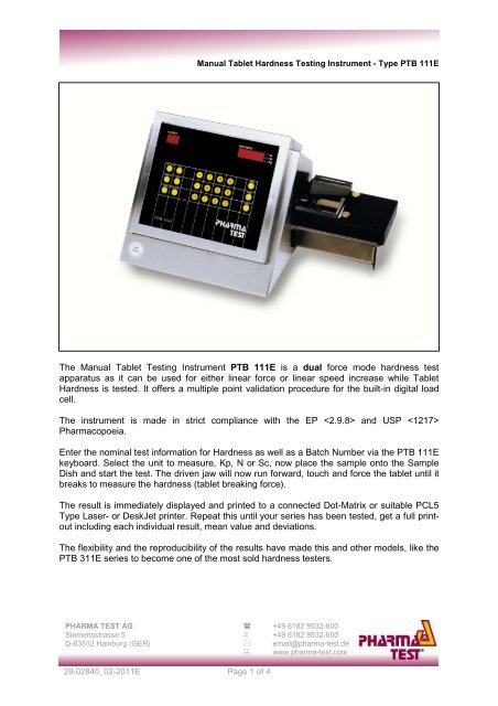 The Manual Tablet Testing Instrument PTB 111E is a ... - Pharma Test