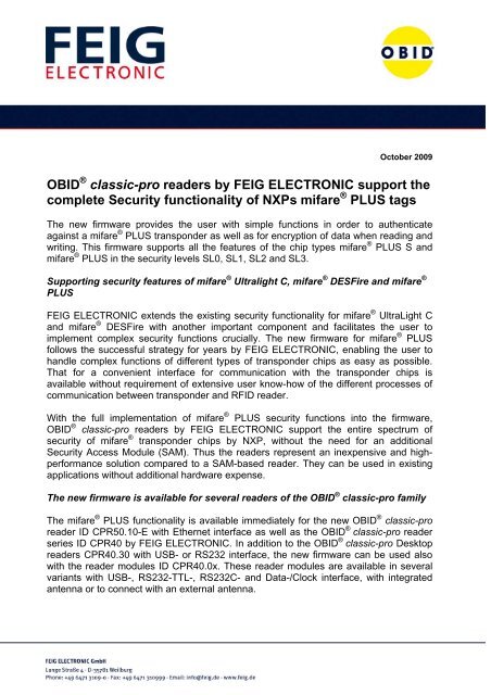 OBID classic-pro readers by FEIG ELECTRONIC support - Electrocom