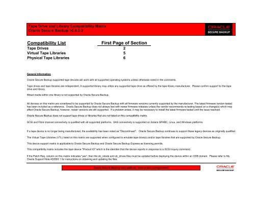 Oracle Secure Backup 10402 Tape Device Compatibility Matrix