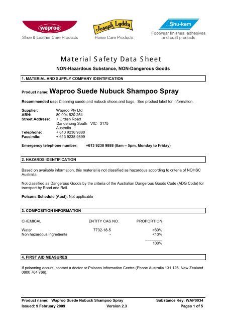 Suede and Nubuck Fabric Shampoo MSDS - Waproo