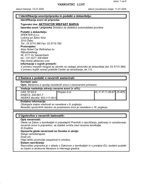 VARNOSTNI LIST - Spekter, doo