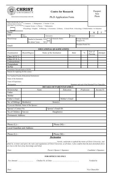 Centre for Research Ph.D Application Form - Christ University