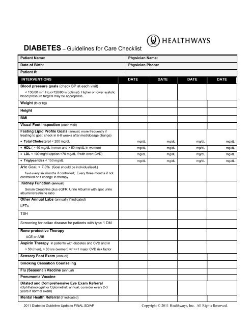 DIABETES â Guidelines for Care Checklist