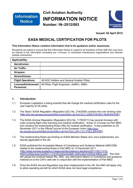 EASA Medical Certification For Pilots Civil Aviation Authority EASA Medical Certification For Pilots Civil Aviation Authority