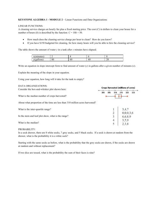 KEYSTONE ALGEBRA 1 - MODULE 2 â Linear Functions and Data ...