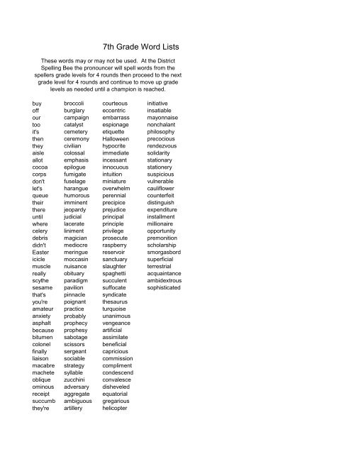 7th Grade Word Lists - Serene Lake PTSA