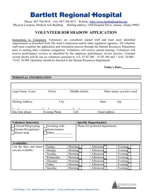 volunteer/job shadow application - Bartlett Regional Hospital