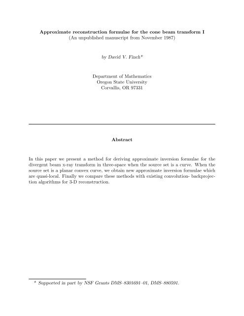 Approximate Reconstruction Formulae For The Cone Beam Transform I