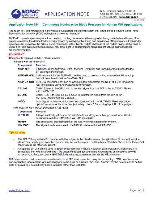 NIBP-MRI Setup - Application Note 254 - Biopac