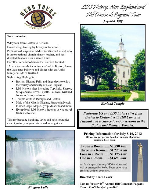 LDS History, New England and Hill Cumorah Pageant ... - Webb Tours