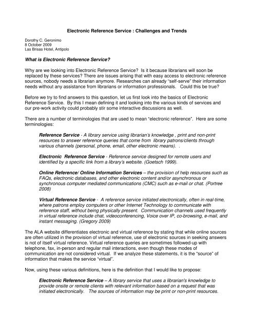 Electronic Reference Service : Challenges and Trends What is ...