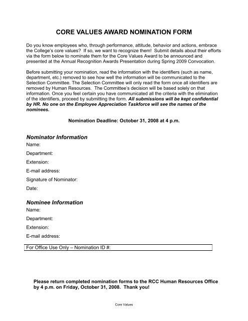 core values award nomination form - Richland Community College