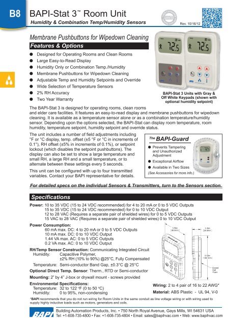 BAPI-Stat 3 Datasheet for Submittal
