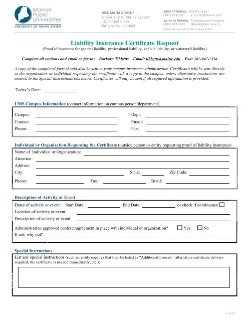 Liability Insurance Certificate Request