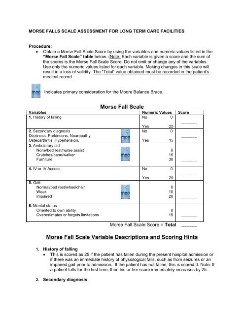 MORSE FALLS SCALE ASSESSMENT: - Moore Balance Brace