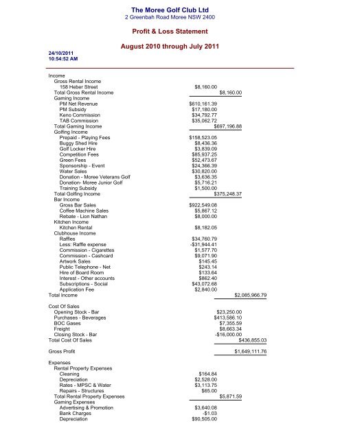 The Moree Golf Club Ltd Profit & Loss Statement August 2010 ...