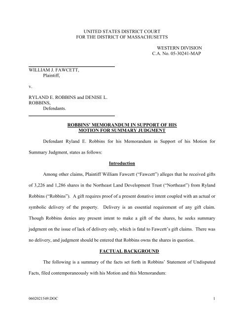 Memorandum in Support of his Motion for Summary Judgment