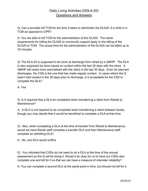 Daily Living Activities (Â©DLA-20) Questions and Answers