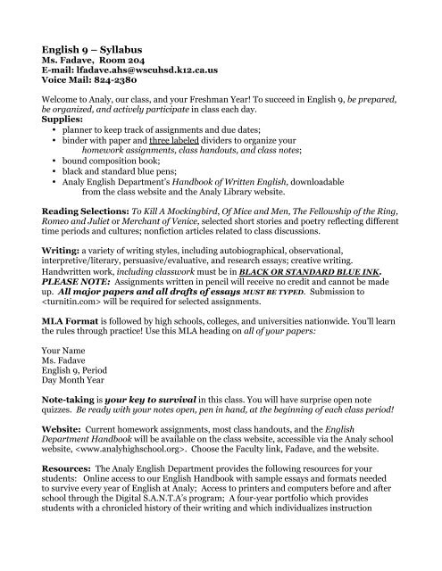 English 9 Syllabus 2013 - Analy High School Staff