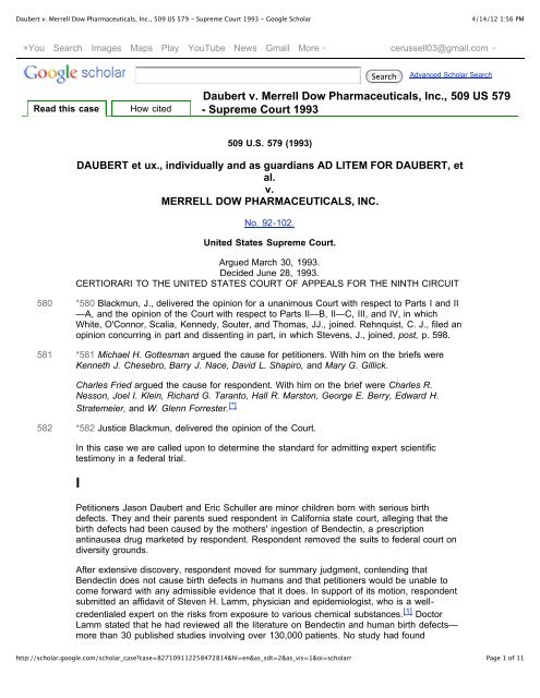 Daubert v. Merrell Dow Pharmaceuticals, Inc., 509 US 579 - Chicago ...