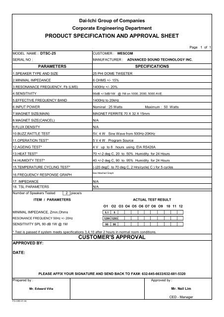 product specification and approval sheet customer's approval - WES ...