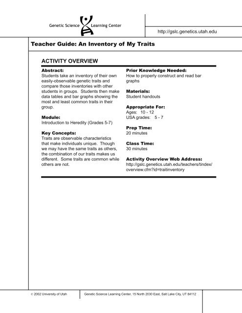 Teacher Guide: An Inventory of My Traits ACTIVITY OVERVIEW