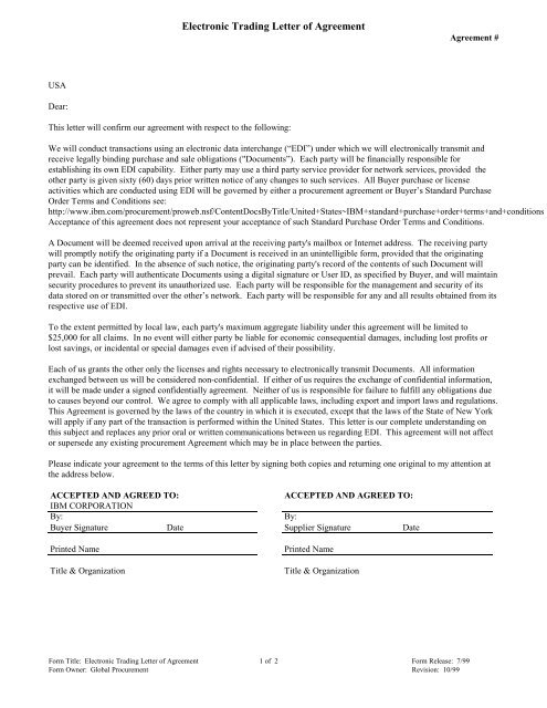 Electronic Trading Letter of Agreement - IBM