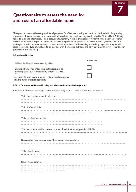Questionnaire to assess the need for and cost of an affordable home