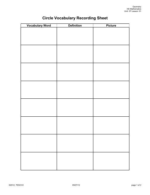 Picture Vocabulary Recording Sheet Love2learn2day: Math Vocabulary