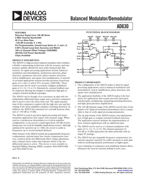 AD630 Balanced Modulator/Demodulator Data ... - Analog Devices