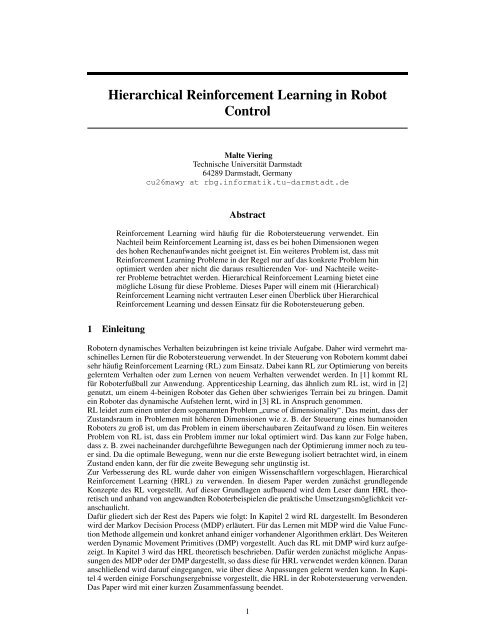 Hierarchical Reinforcement Learning in Robot Control - Intelligent ...