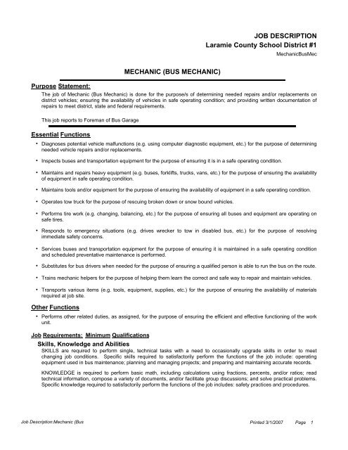 JOB DESCRIPTION MECHANIC (BUS MECHANIC) Laramie County ...