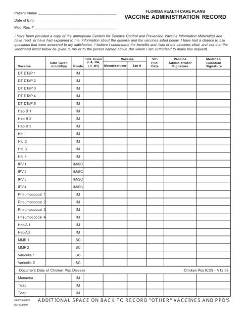 Vaccine Administration Record - Florida Health Care Plans