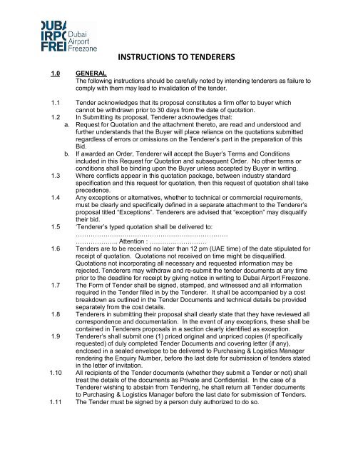 INSTRUCTIONS TO TENDERERS