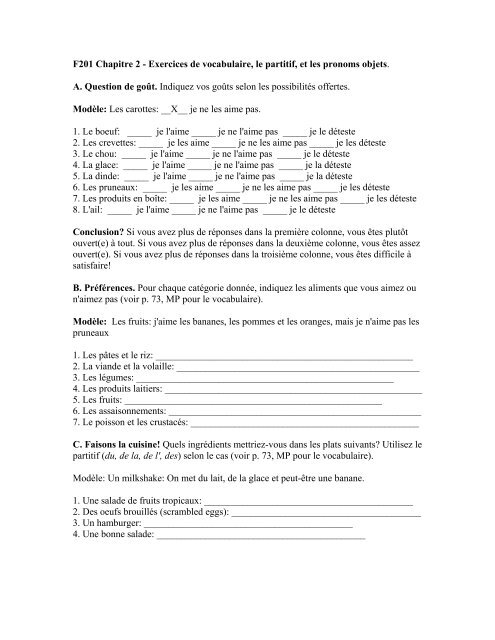 Exercices de vocabulaire, le partitif, et les pronoms objets