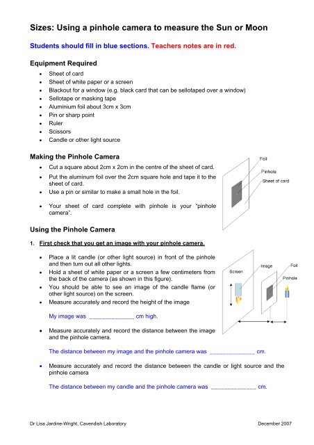 Sizes: Using a pinhole camera to measure the Sun or Moon