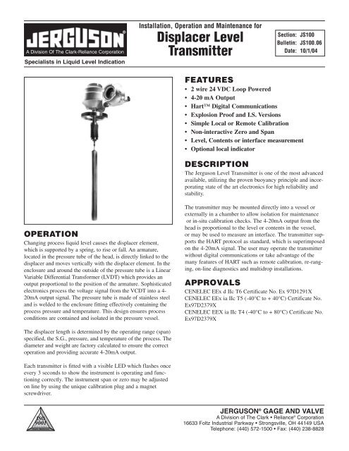 Displacer Level Transmitter - Clark Reliance